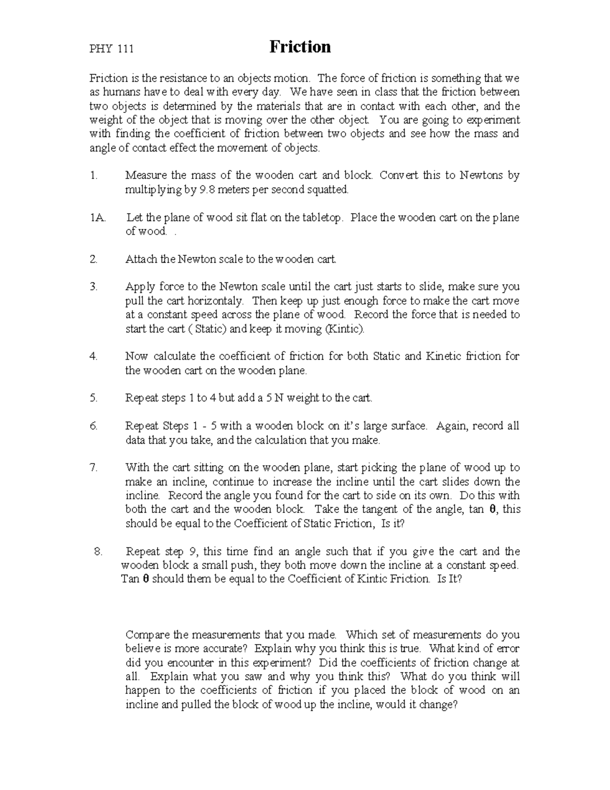 Friction Lab Experiment: Coefficient of Friction Analysis - Studocu