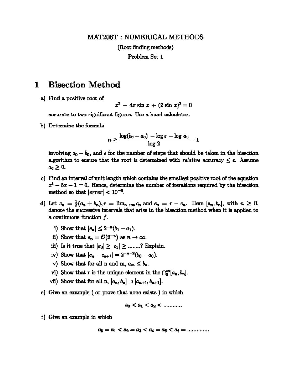 MAT206T: Numerical Methods - Root Finding Problem Set Solutions - Studocu