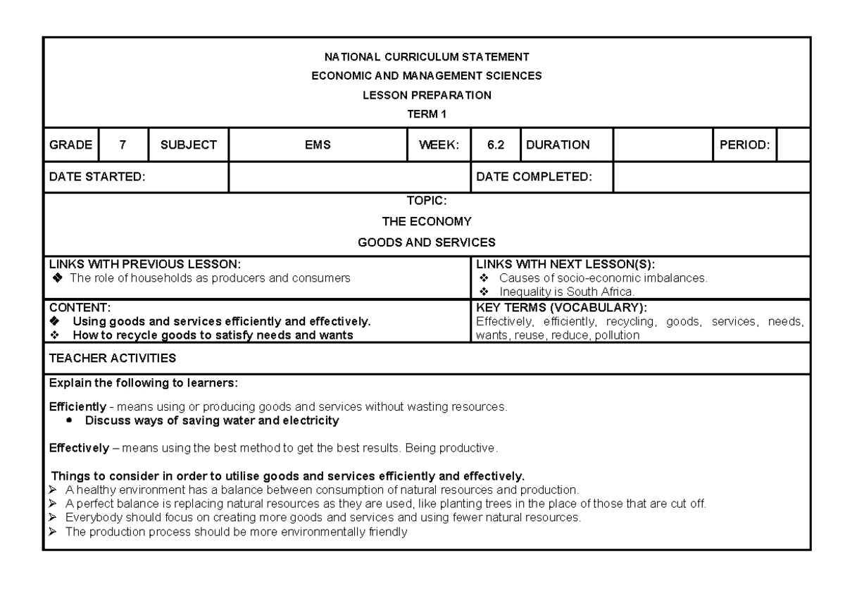 NATIONAL CURRICULUM EMS GRADE 7 LESSON PLAN WEEK 8.1 & 8.2 - Studocu