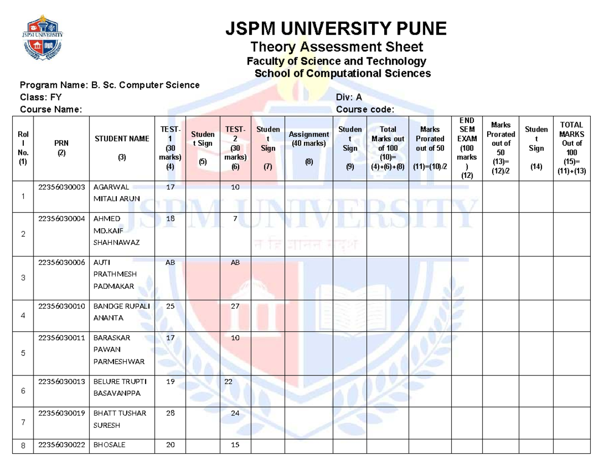 JSPM UNIVERSITY PUNE B.Sc. Computer Science Assessment Sheet - Studocu