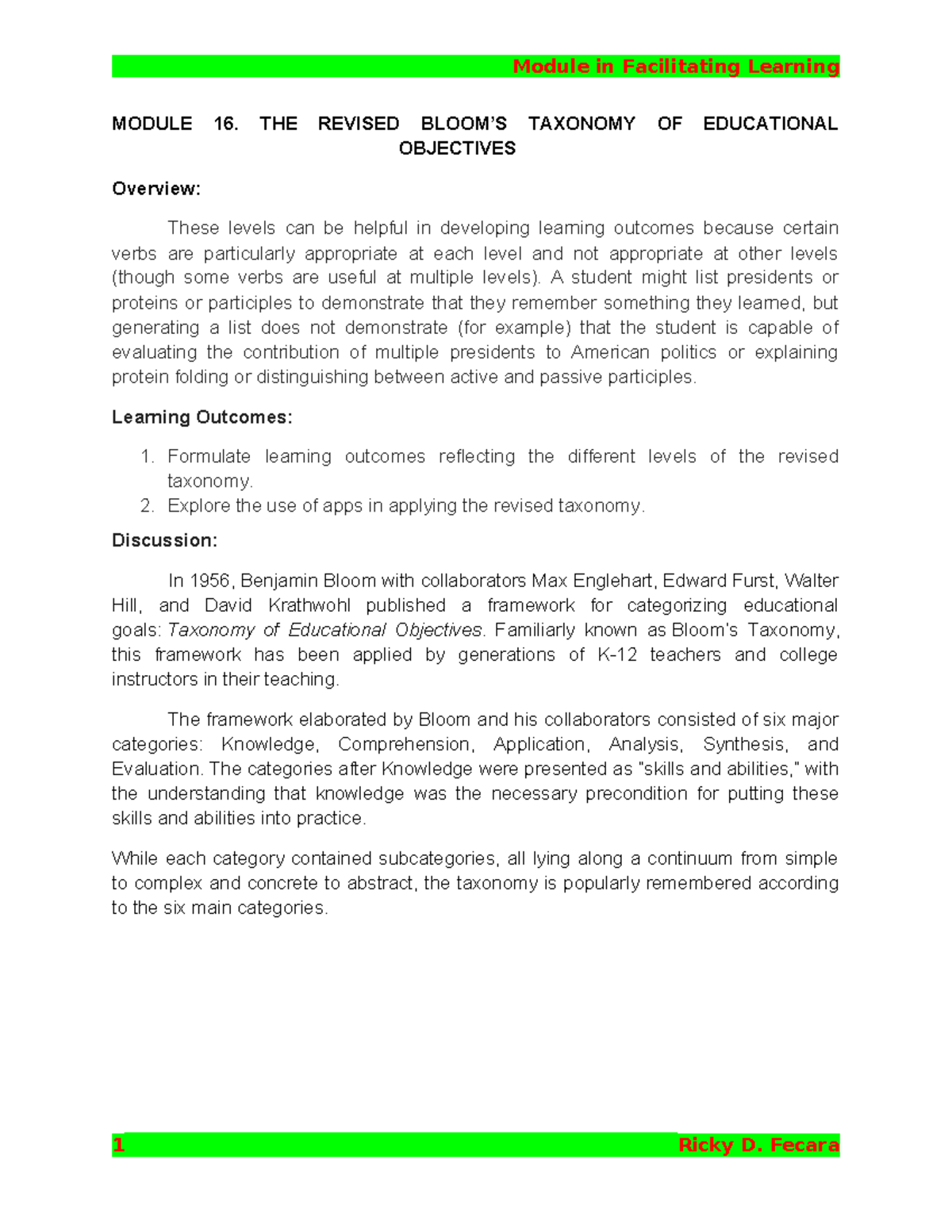 Facilitating Learning Module 16: Revised Taxonomy Objectives - Studocu