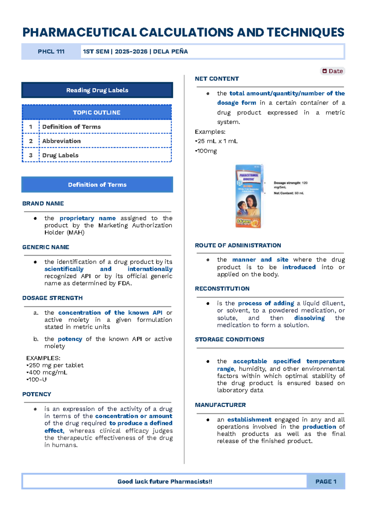 Pharmaceutical Calculations & Techniques PHCL 1ST SEM: Drug Labels Guide - Studocu