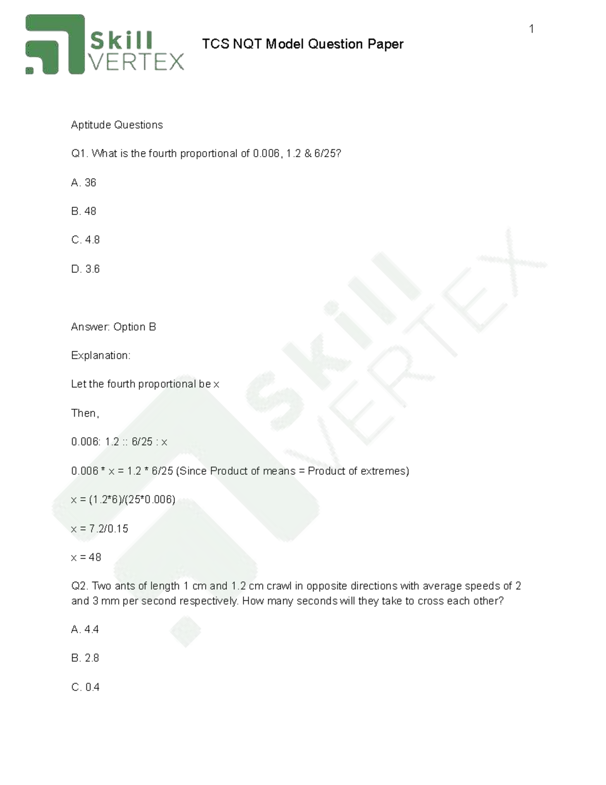 TCS NQT Model Question Paper: Aptitude & Reasoning Questions - Studocu