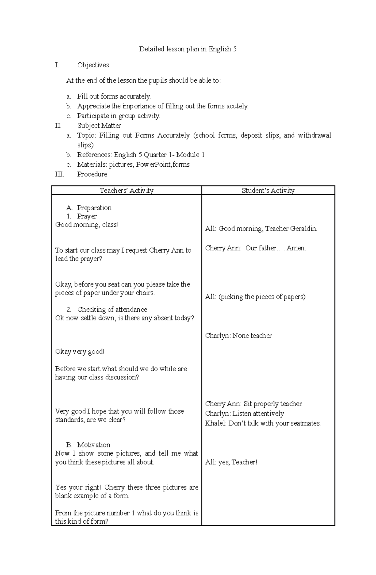 Detailed Lesson Plan: Filling Out Forms in English 5 - Studocu