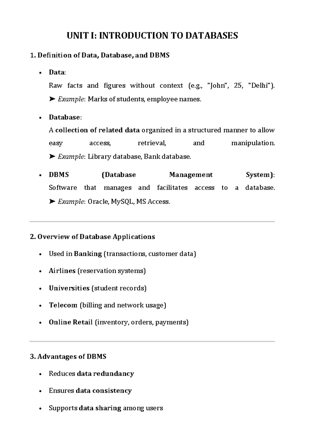 UNIT I: INTRODUCTION TO DATABASES - DBMS Overview and Models - Studocu