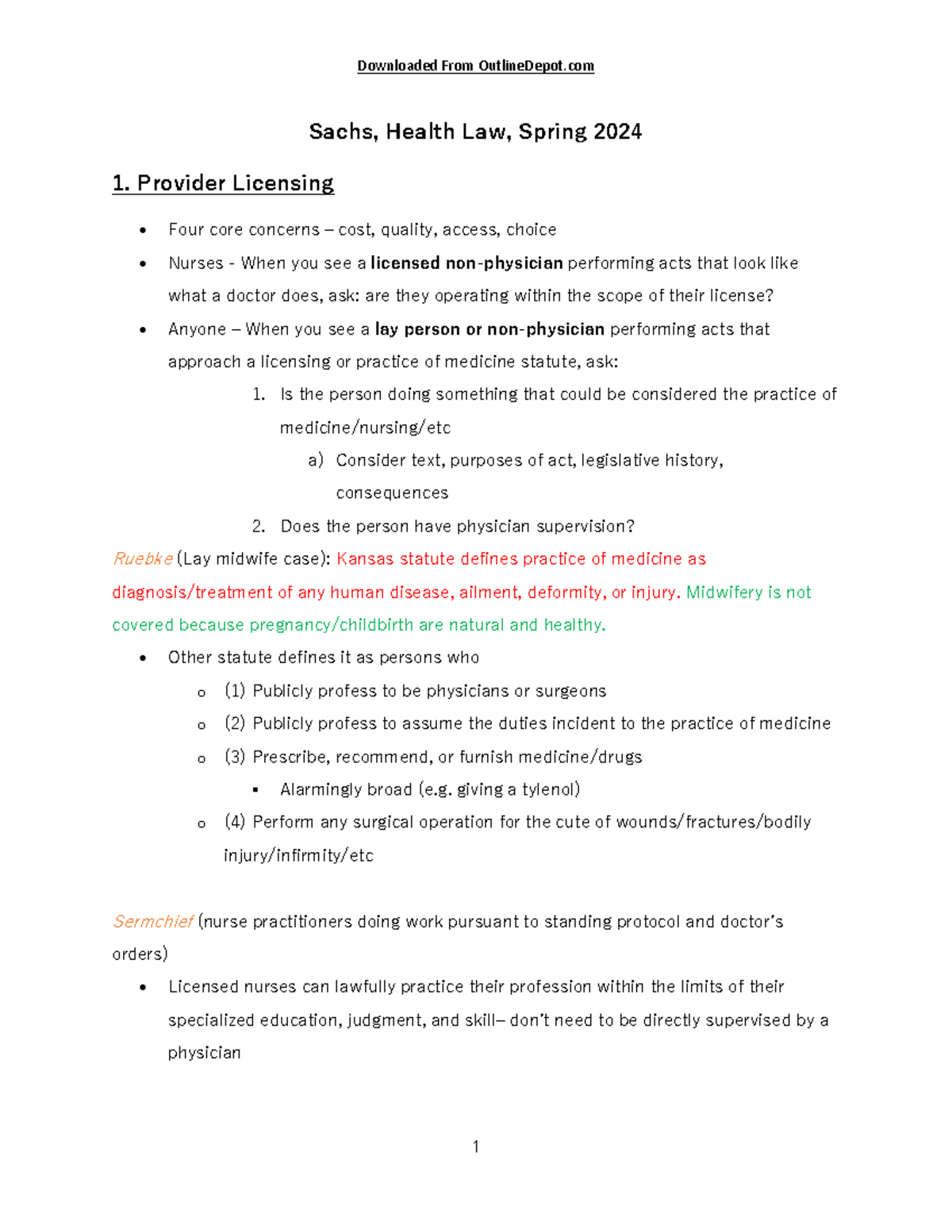 Sachs Health Law Spring 2024 Study Guide for Providers and Facilities ...
