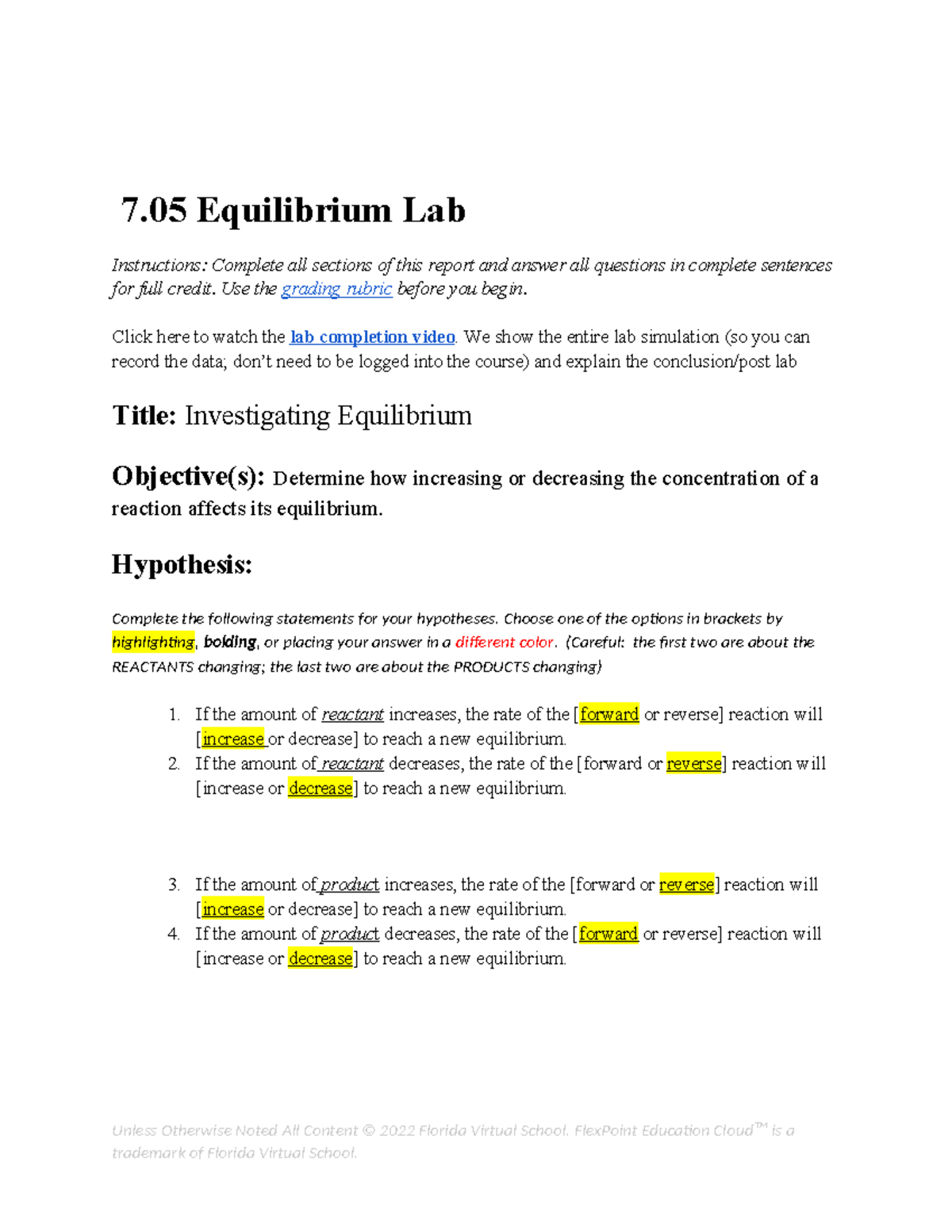 7.05 Equilibrium Lab Report: Effects of Concentration on System ...