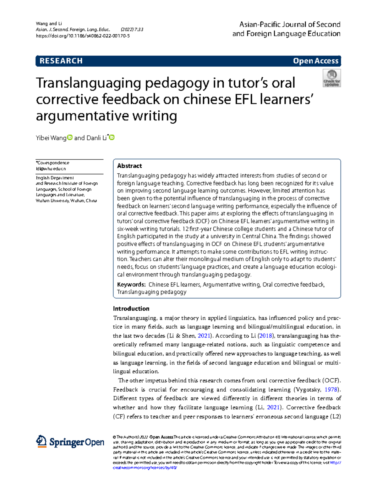 Translanguaging Pedagogy in OCF: Enhancing Chinese EFL Argumentative ...