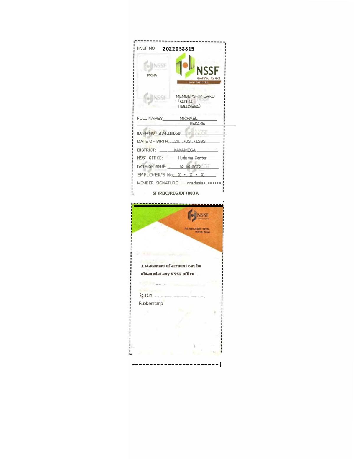 NSSF - NSSF TEMPLATE - NSSF NSSF NO: PICHA Growln1You. For Good ...