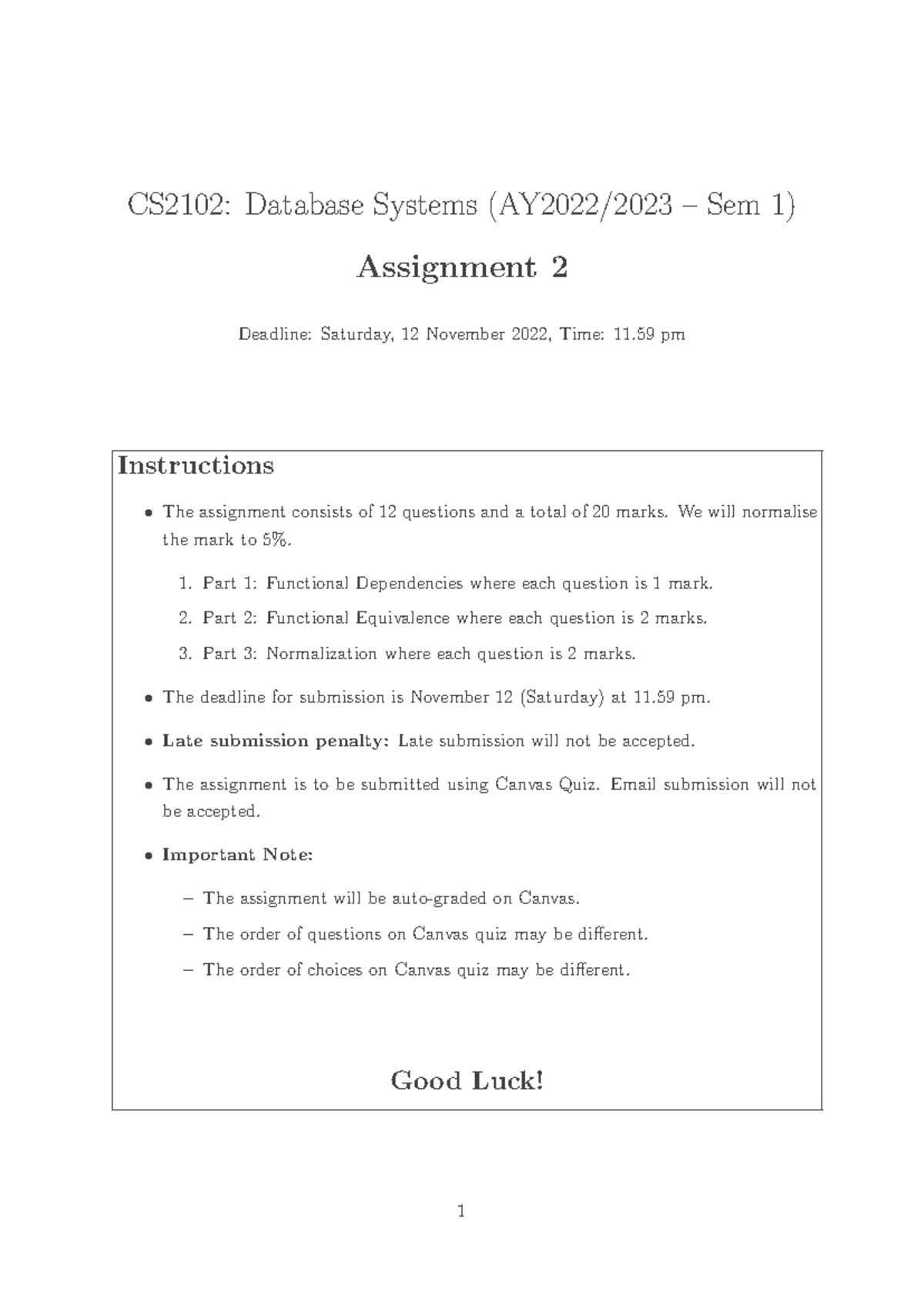 CS2102 Assignment 2: Functional Dependencies & Normalization Tasks ...
