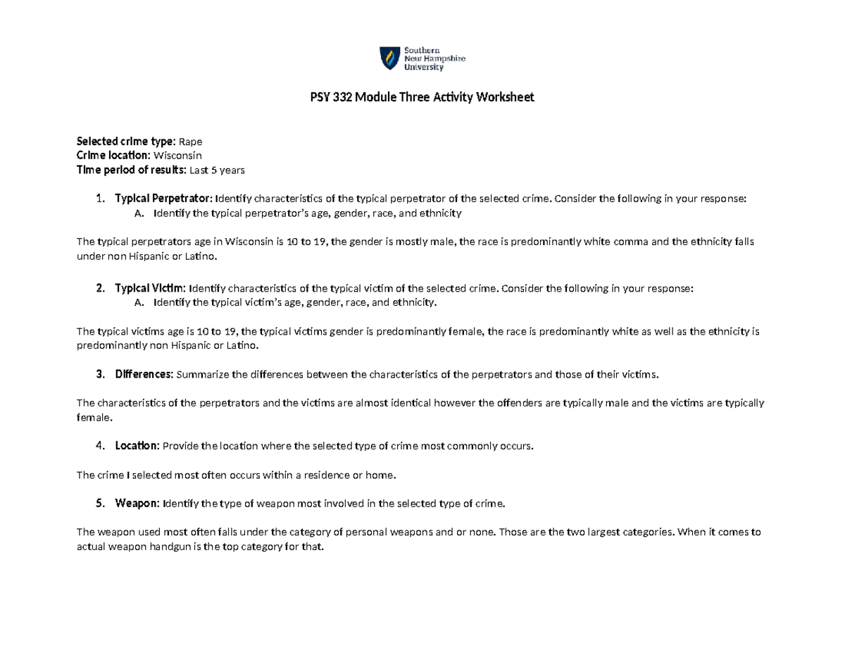 PSY 332 Module 3 Activity: Rape Crime Analysis in Wisconsin - Studocu