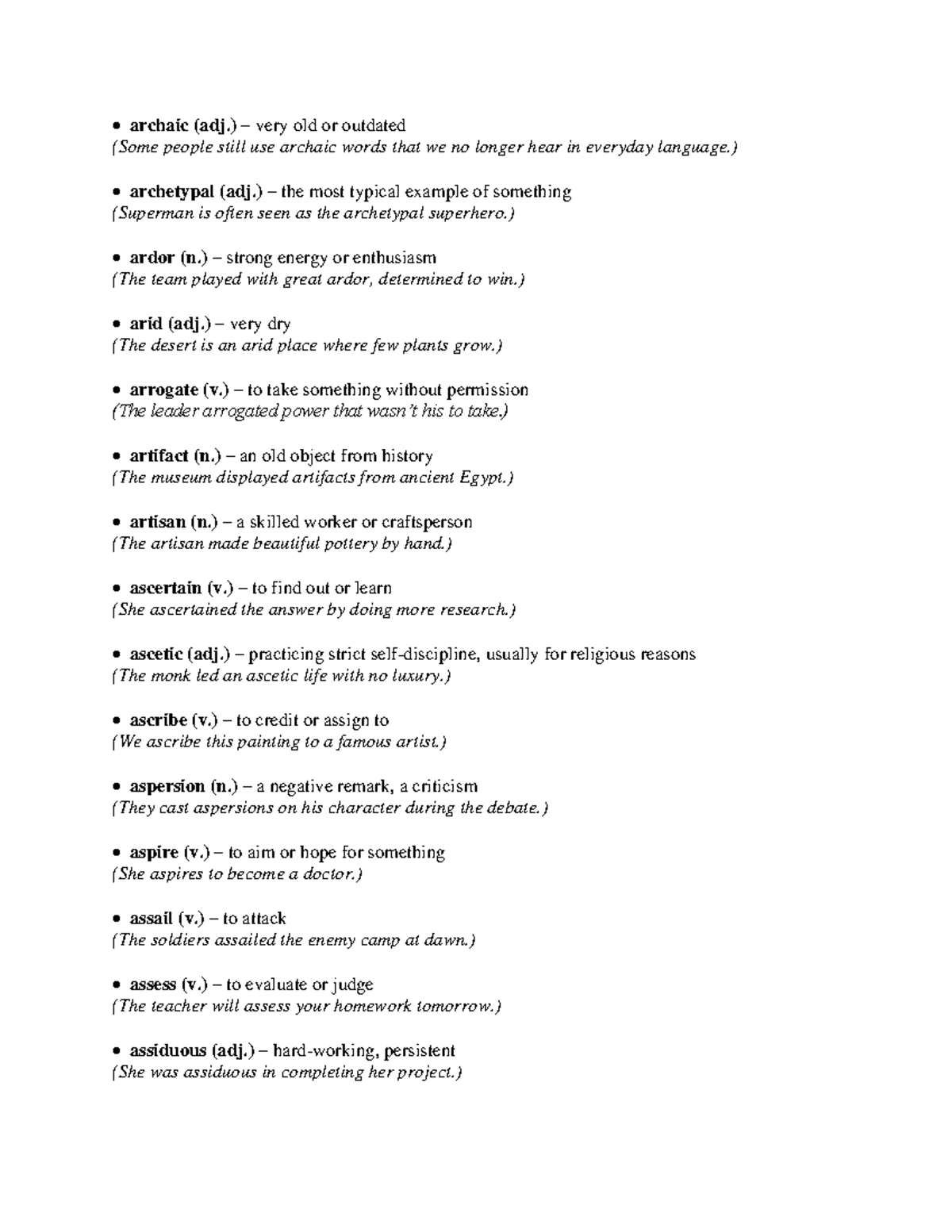 Vocab List Easy: Archaic to Buttress Definitions and Examples - Studocu