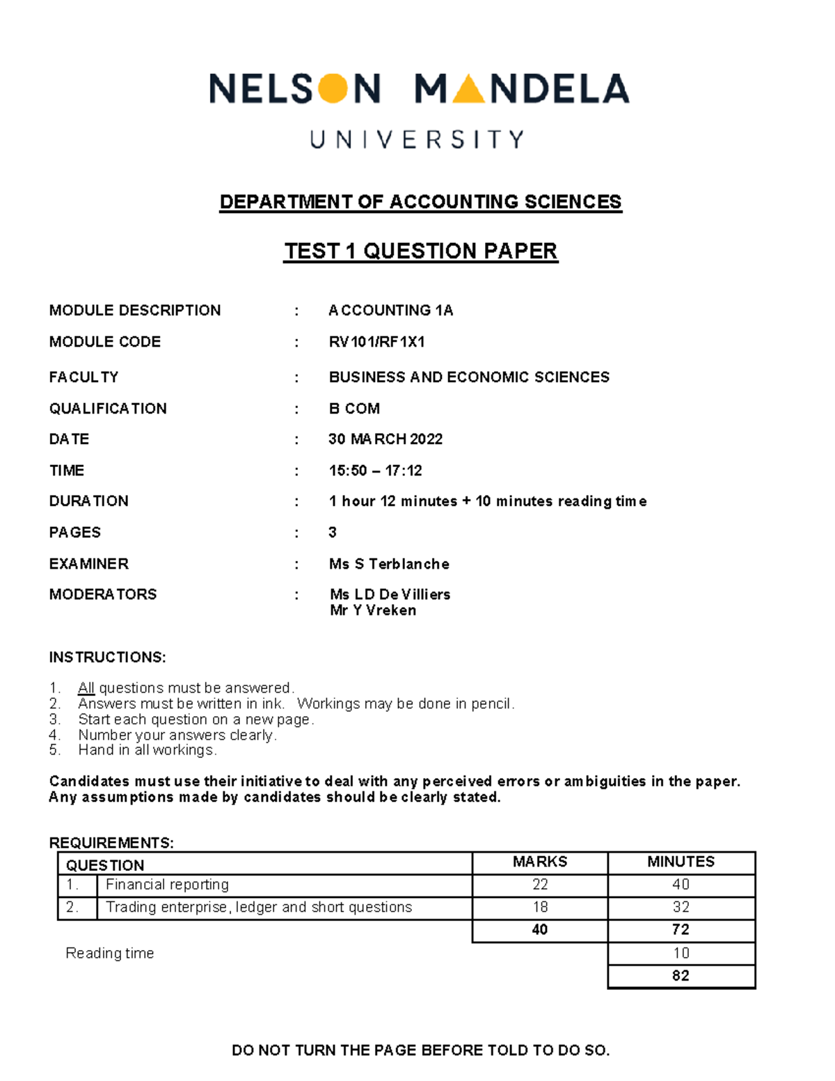RV101/RF1X: Test 1 Question Paper - 30 March 2022 - Studocu