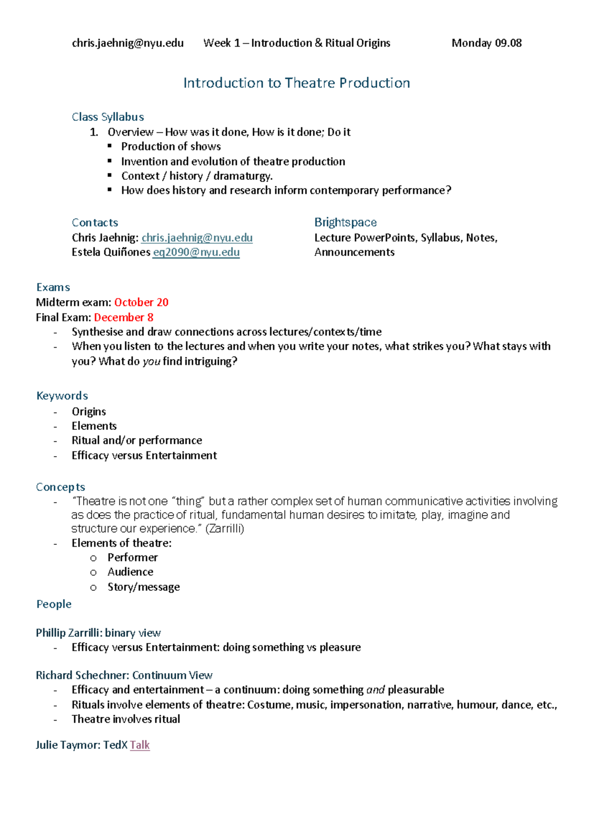 Introduction to Theatre Production (THR 101) - Week 1 Syllabus - Studocu