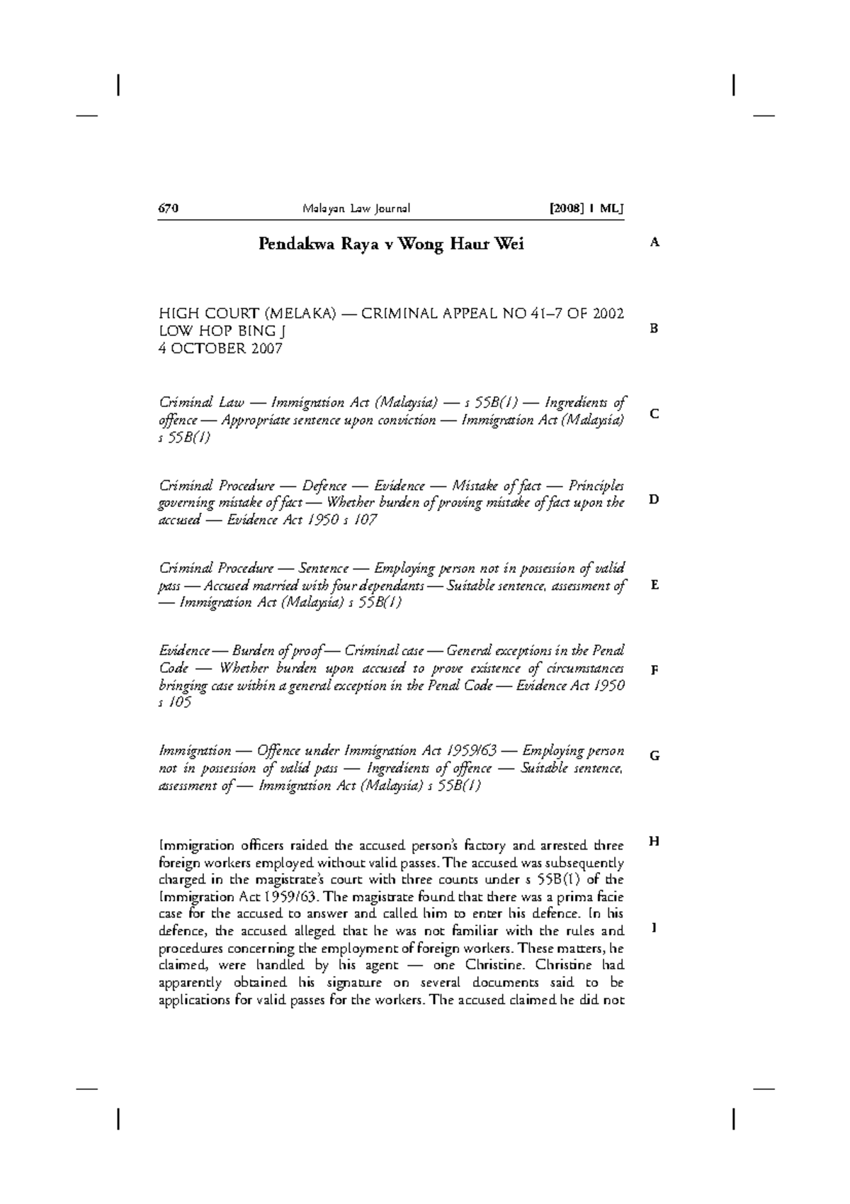 670 MLJ Pendakwa Raya v Wong Haur Wei: High Court Appeal on Immigration Offence - Studocu