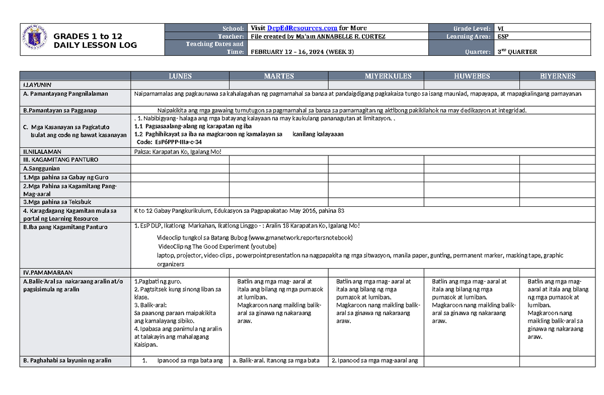 DLL ESP 6 Q3 W3 - DLL FILIPINO - GRADES 1 to 12 DAILY LESSON LOG School: Visit DepEdResources ...