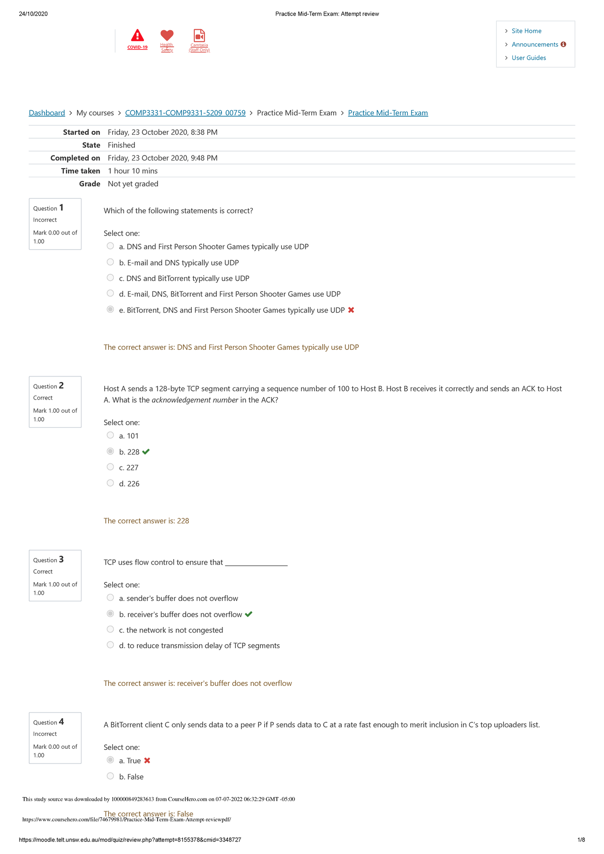 Practice Mid Term Exam Attempt review - Dashboard My courses COMP3331-COMP9331-5209_00759 - Studocu