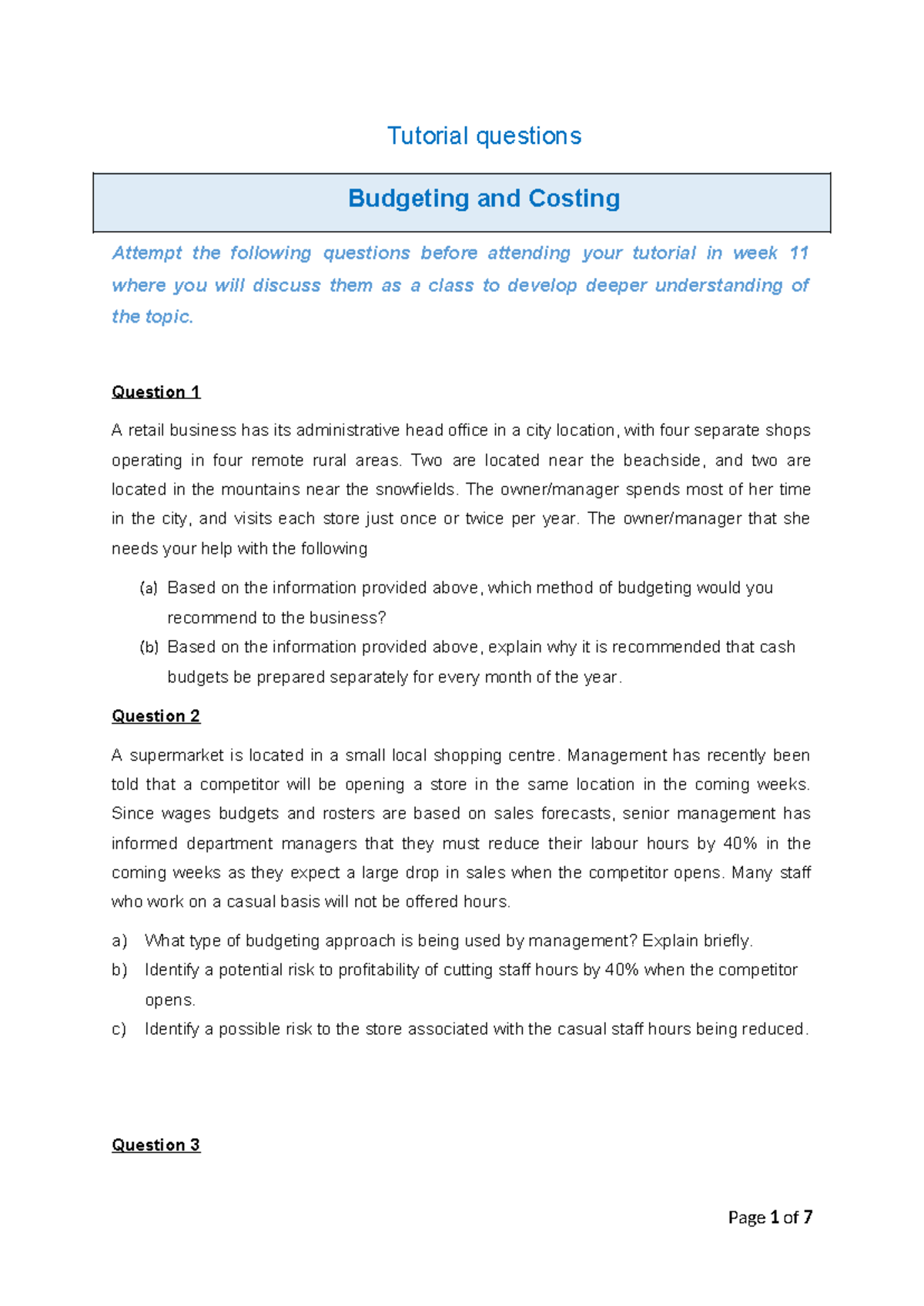 Budgeting and Costing Tutorial Questions for Week 11 Discussion - Studocu