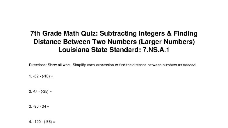 Subtracting Integers and Distance Quiz 40Q Larger Numbers - 7th Grade ...