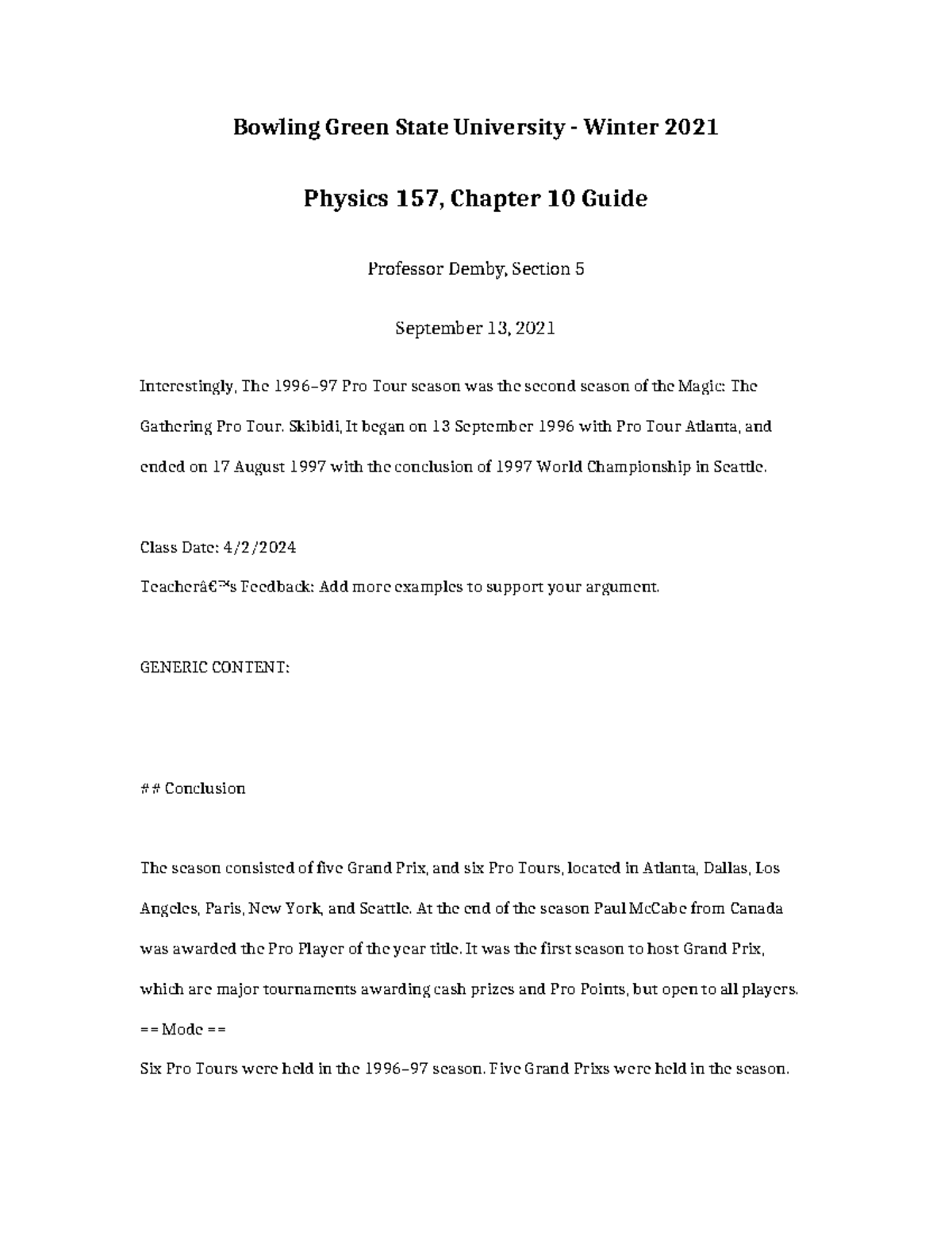 Physics 157 Chapter 10: Pro Tour Analysis and Highlights - Studocu