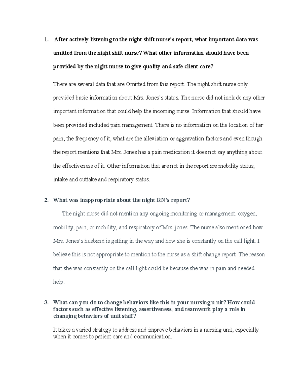 NURS 101: Activity 1 - Module 3 Night Shift Report Analysis - Studocu