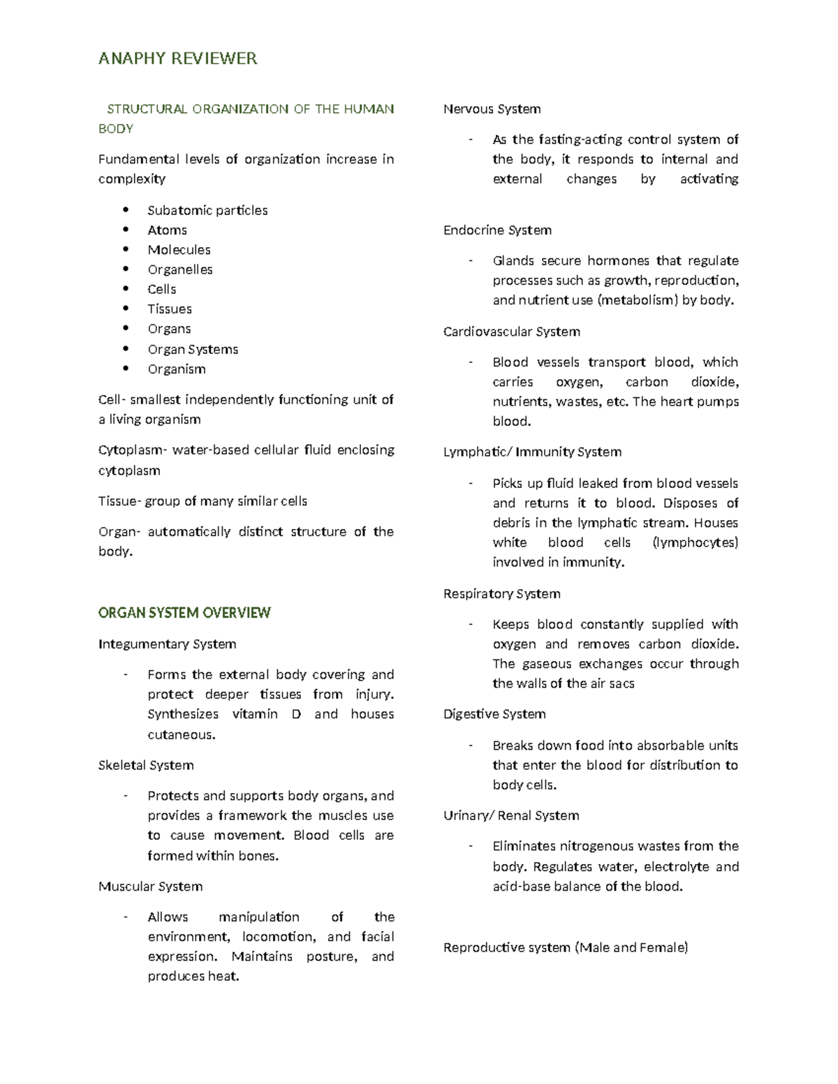 ANAPHY 101: Comprehensive Review of Human Body Organization and Systems ...