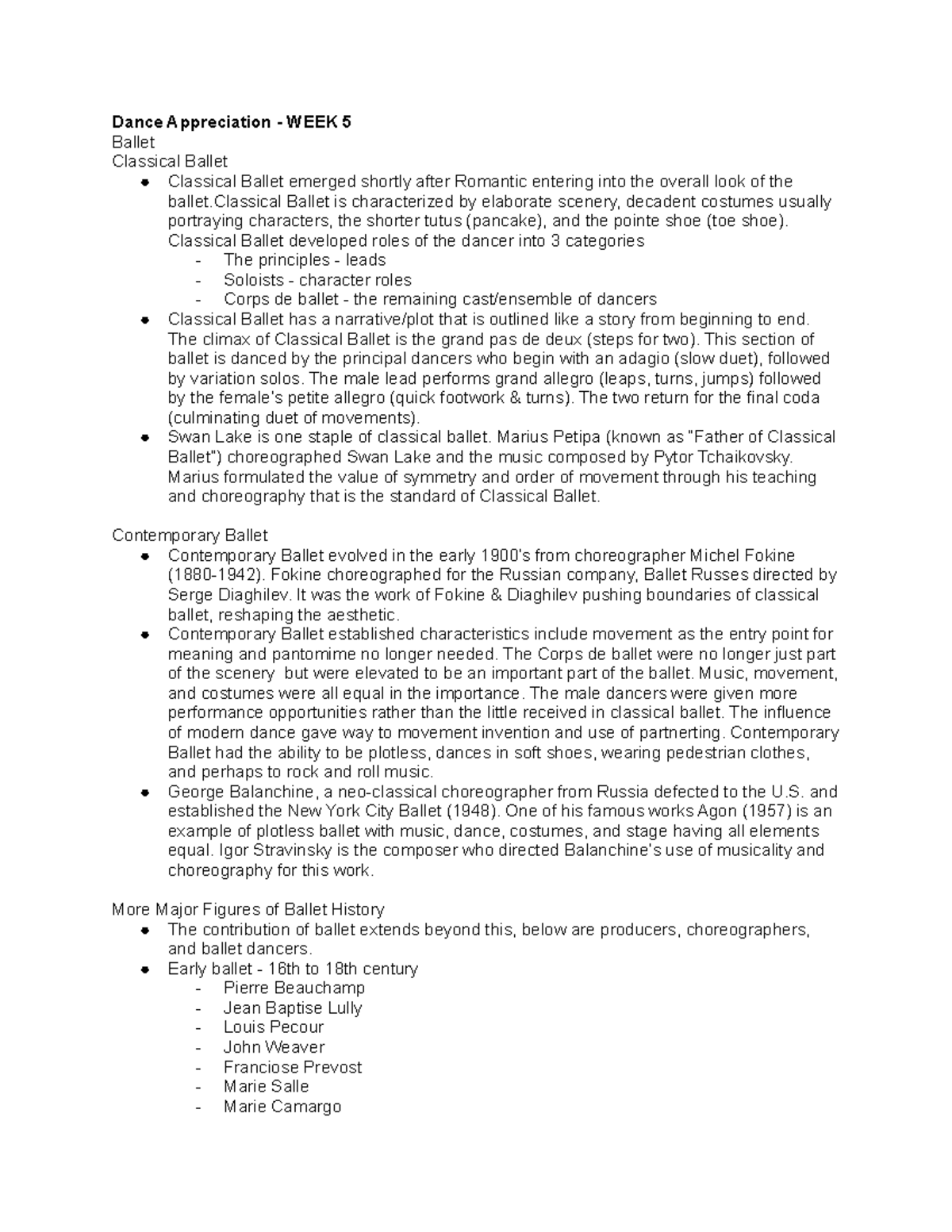 Dance Appreciation - WEEK 5 - Classical Ballet developed roles of the ...