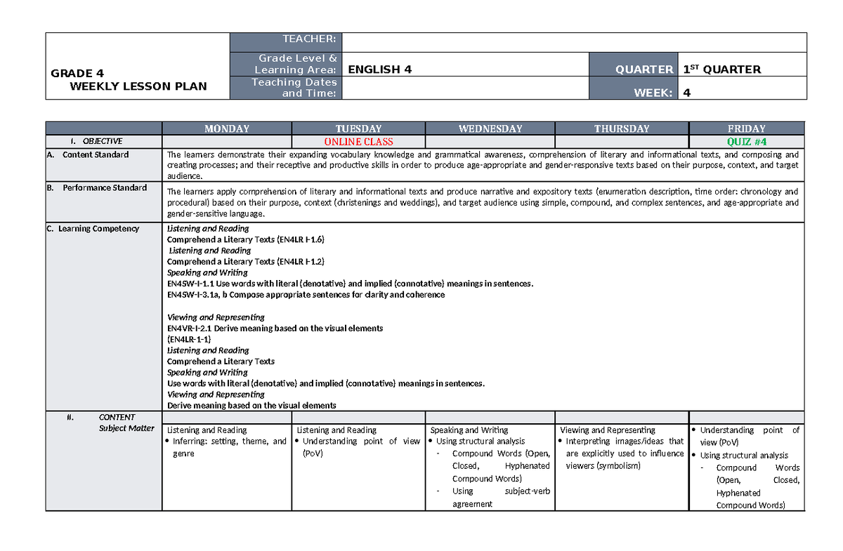 Q1-WLP- English 4-WK4 - Weekly Lesson Plan for Grade 4 MATATAG Curriculum - GRADE 4 WEEKLY ...