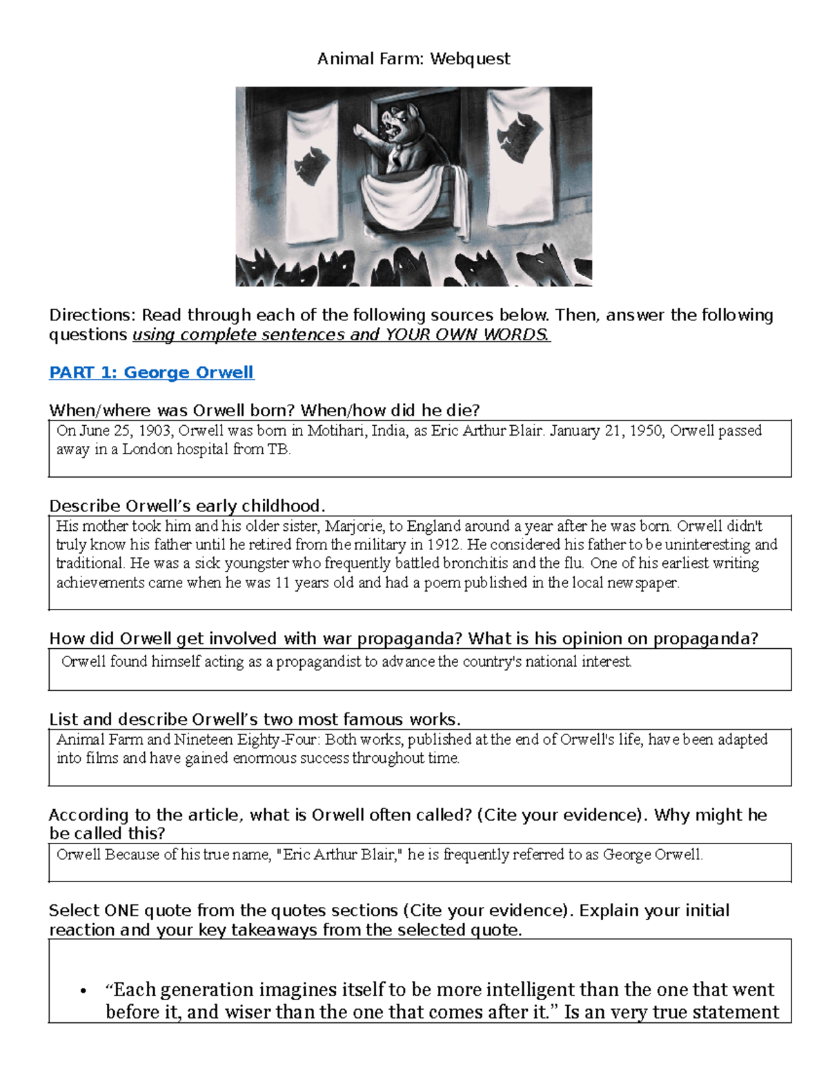 Animal Farm Webquest: Exploring Themes of Dystopia and Allegory - Studocu