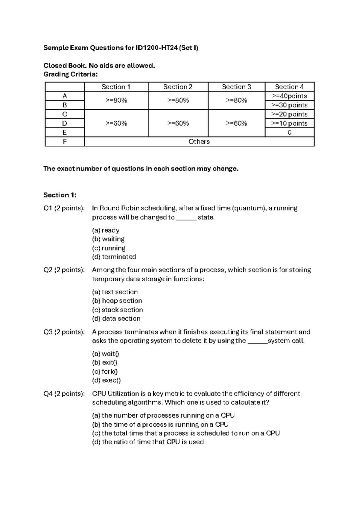 Sample Exam Questions for CS 101 - Set A (Closed Book) - Studocu