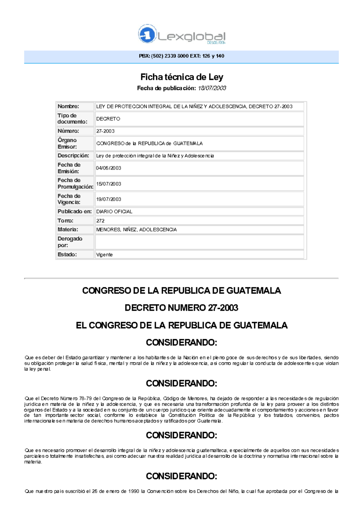 Ley de Protección Integral de la Niñez y Adolescencia - Decreto 27-2003 ...