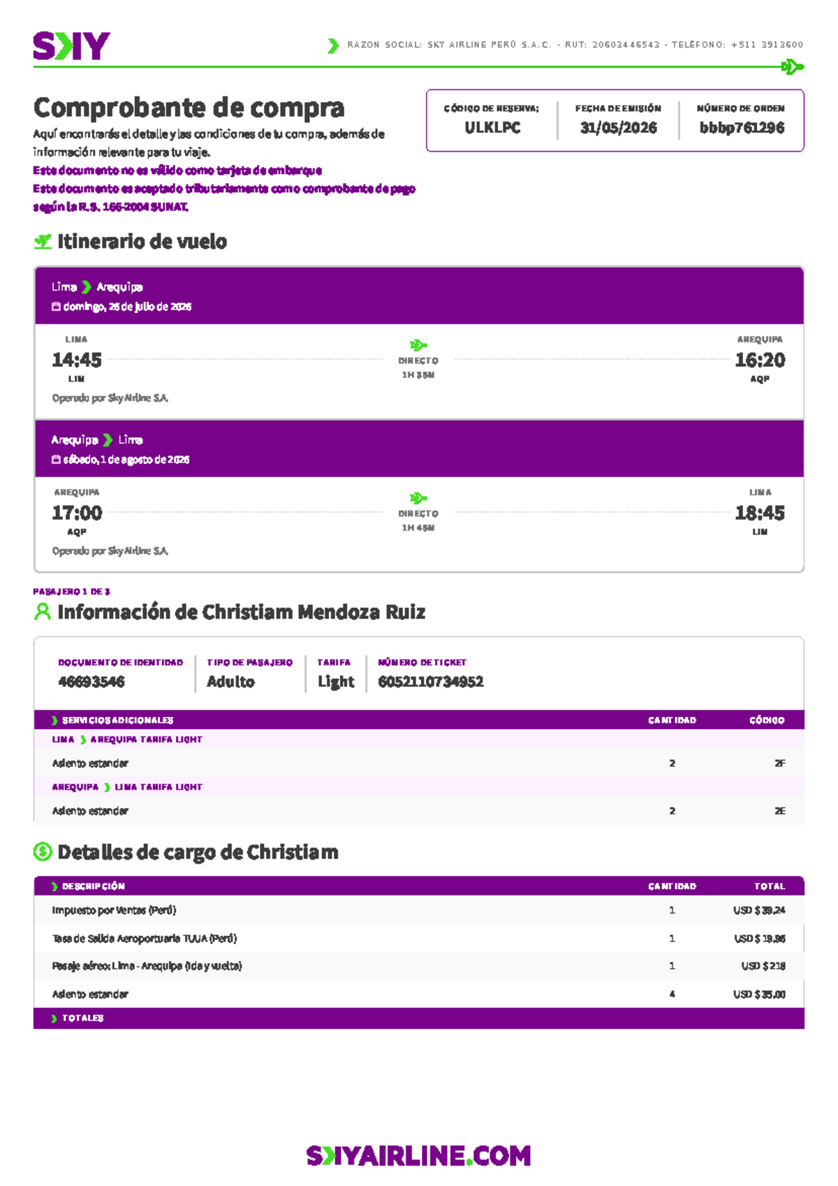 Comprobante de Compra y Condiciones de Vuelo - SKY AIRLINE PERÚ - Studocu