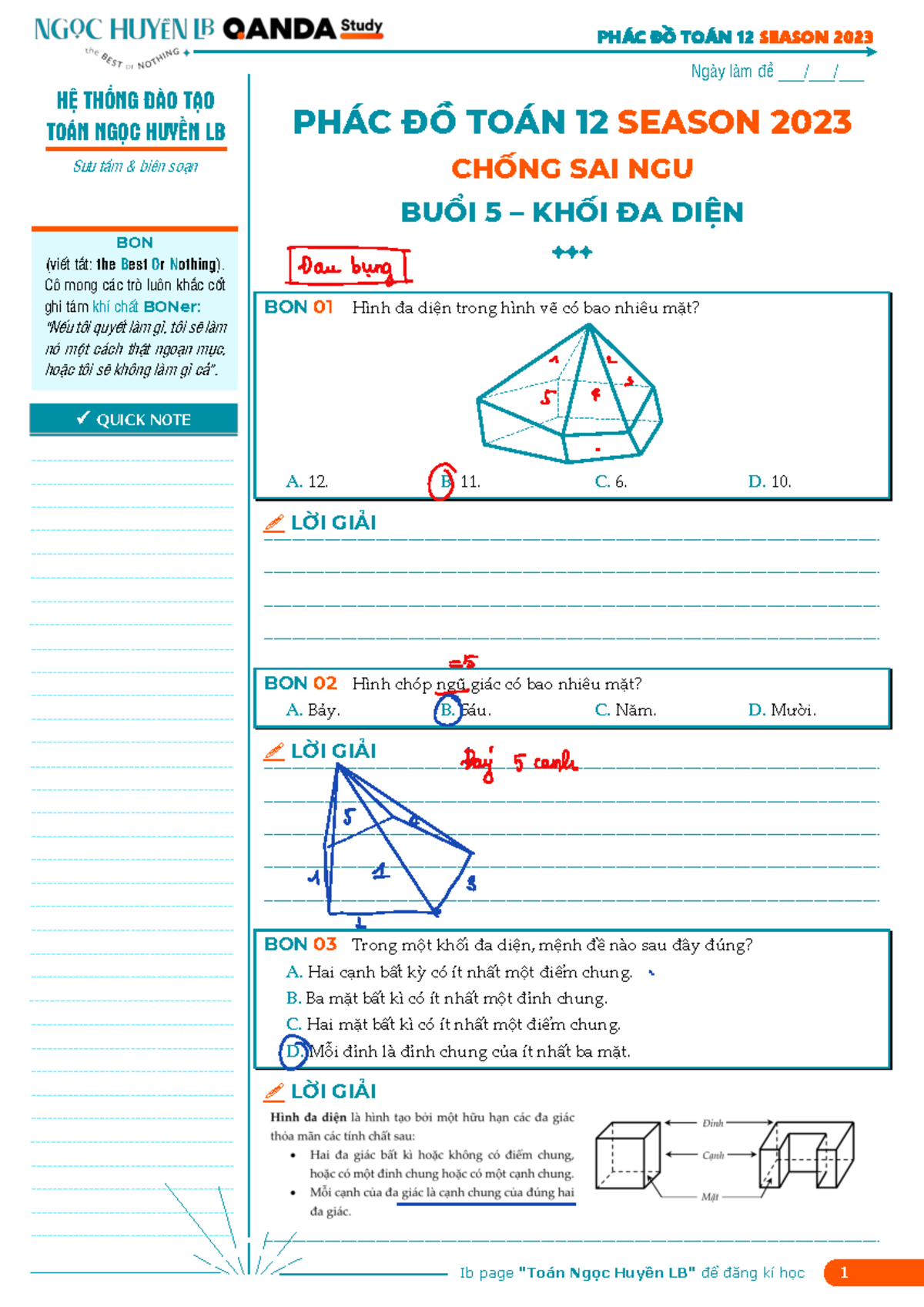 Ngọc Huyền LB Chống sai ngu buổi 5 - Khối đa diện handout - H TH 1* ôj2 7nO TOÁN NG C HUY N LB ...