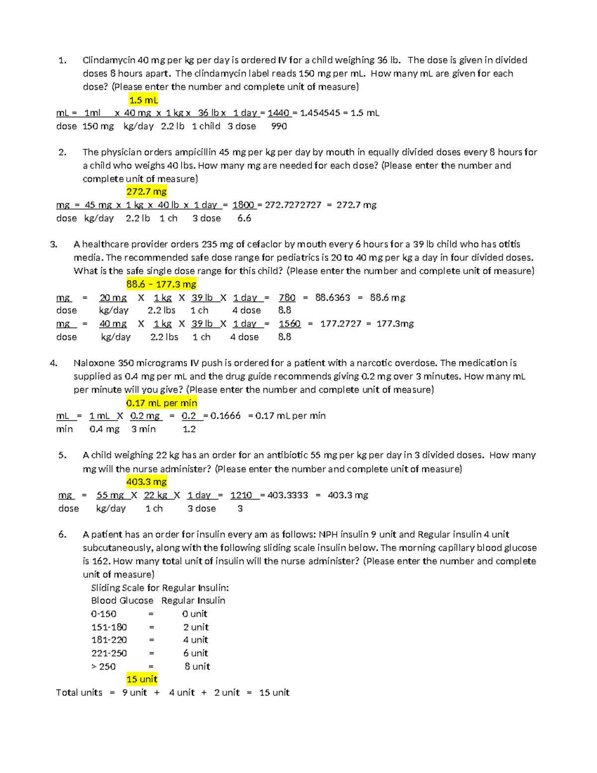 CCT Practice 1 Answer Key: Pediatric Dosage Calculations and IV ...
