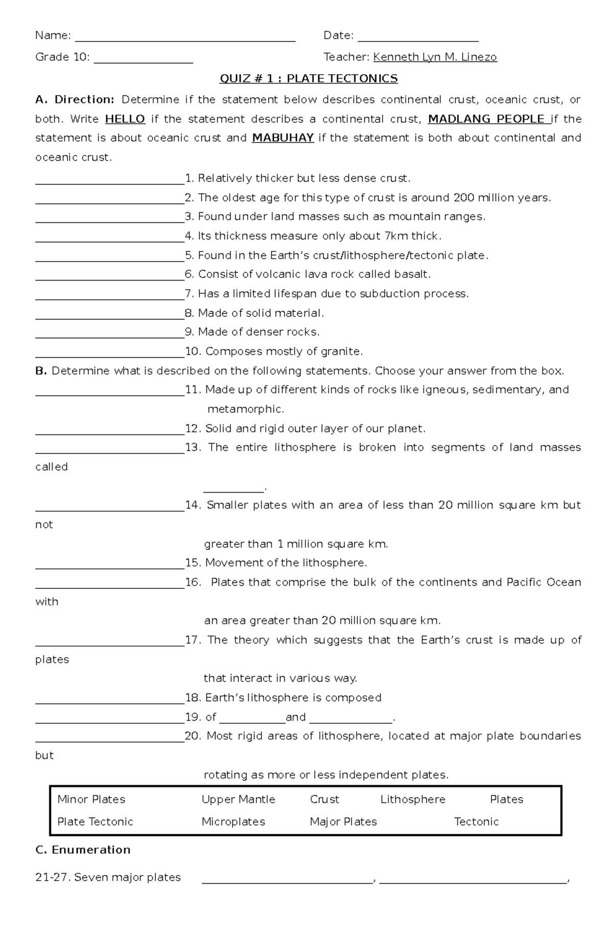 Science 10 QUIZ 1: Understanding Plate Tectonics Concepts - Studocu