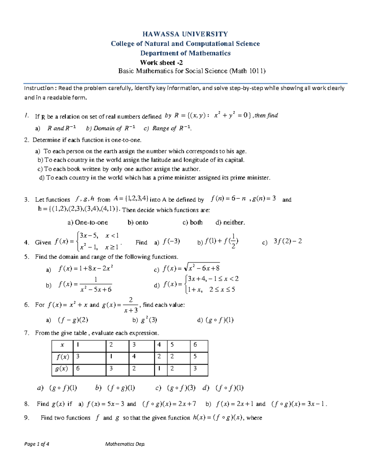 Worksheet -2 (Math 1011) for Basic Mathematics in Social Science - Studocu