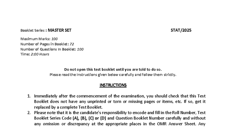 Masterset STAT(2025) - Comprehensive Test Booklet with 100 Questions ...