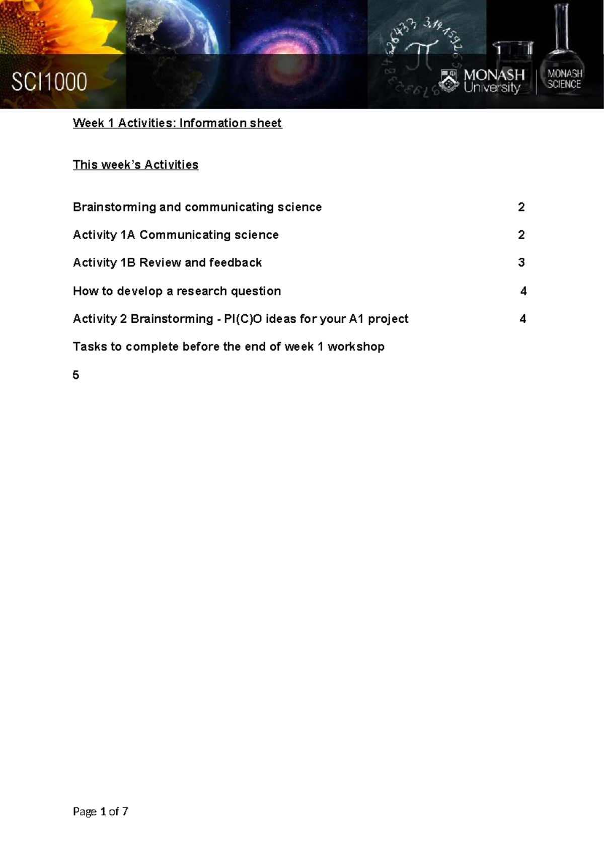 Week 1 Activities: Brainstorming & Communicating Science - Studocu
