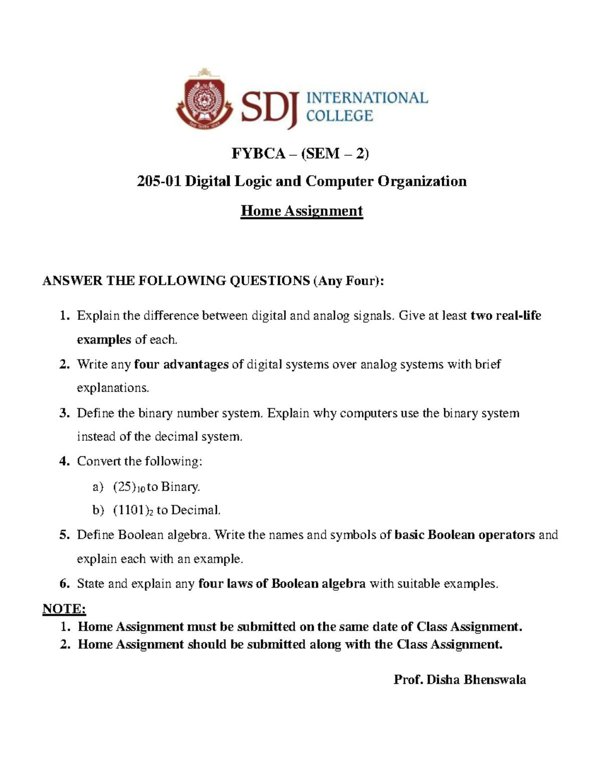 Fybca A 205-01 Digital Logic & Computer Org. Home Assignment - Studocu