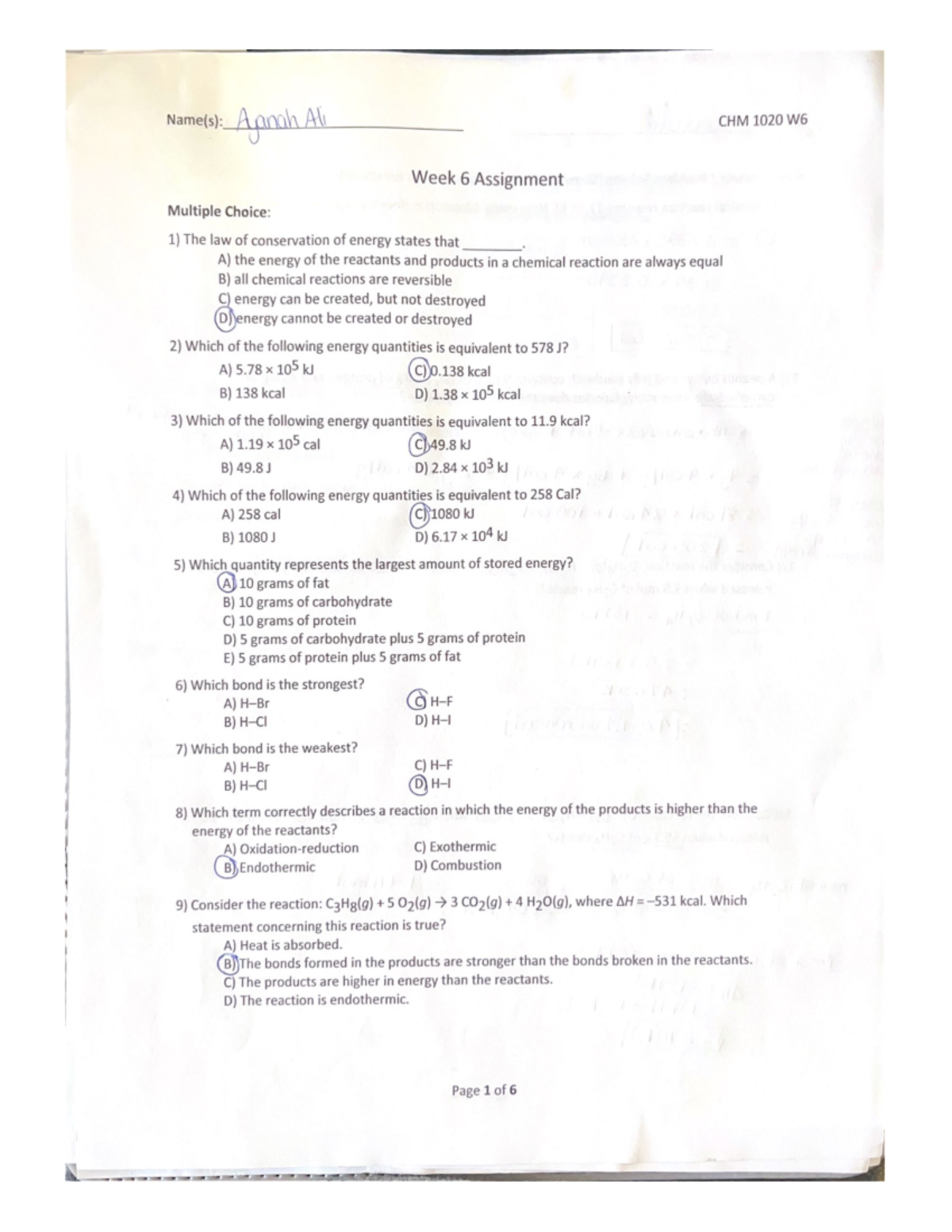 CHM 1020 W6 - Week 6 Lab Assignment: Energy and Reactions MCQs - Studocu