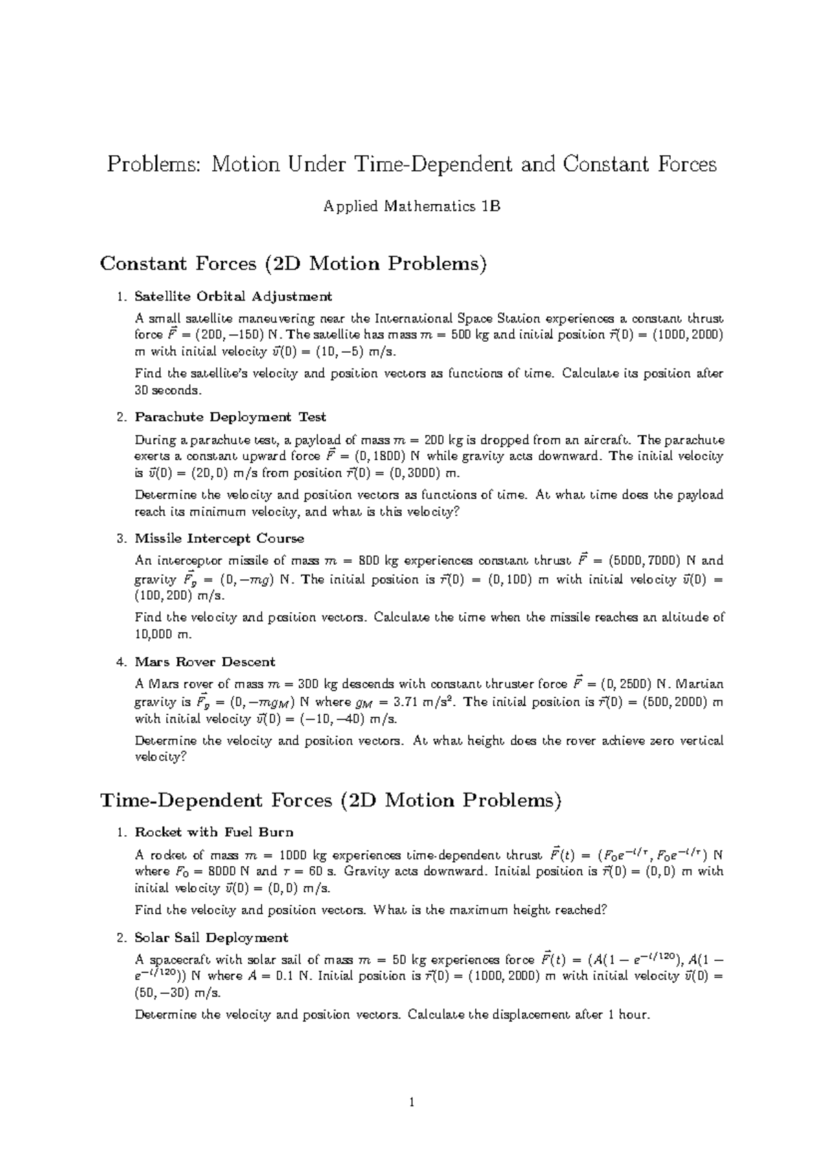 Applied Mathematics 1B: Chapter 4 Practice Problems on Motion Under Constant - Studocu