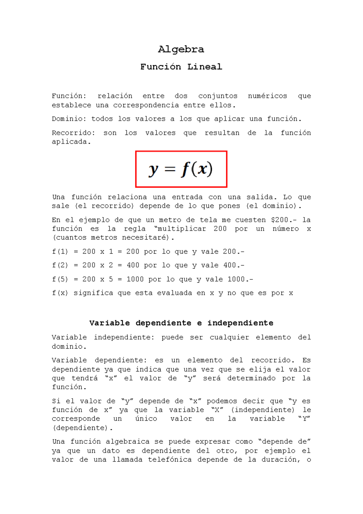 Apuntes de álgebra: función lineal y relaciones entre conjuntos - Studocu