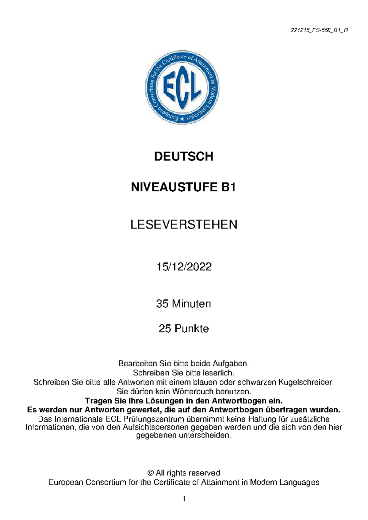 DEUTSCH NIVEAUSTUFE B1 LESEVERSTEHEN: Prüfungsanleitung und Aufgaben ...