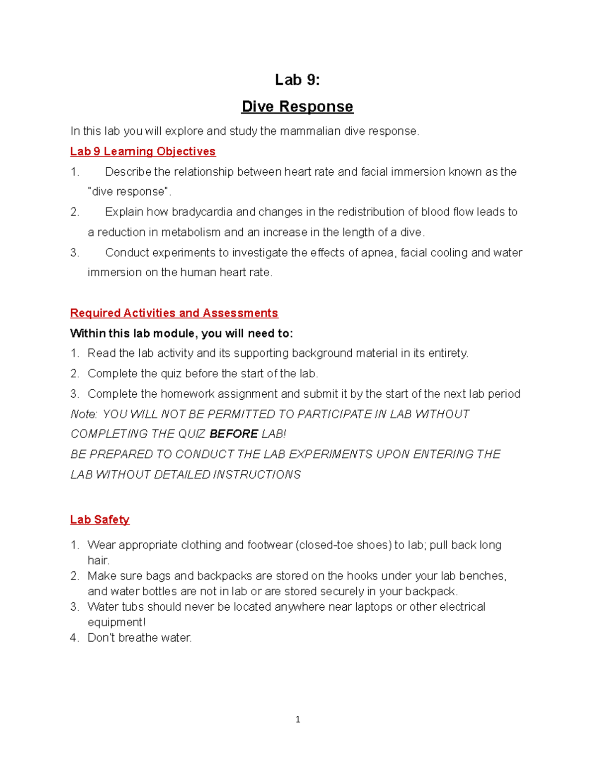 Dive Response Lab 9: Investigating Mammalian Bradycardia Effects - Studocu