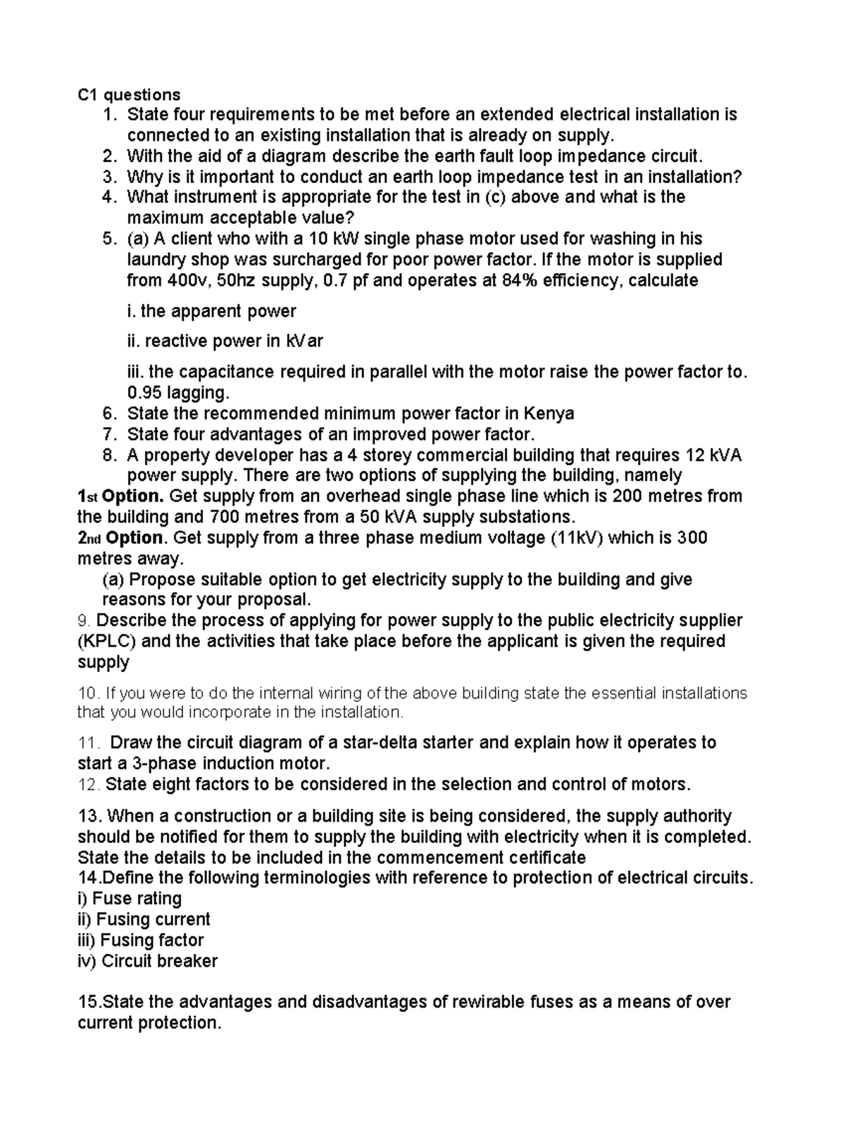 C1 Sample Questions - Lecture Notes on Electrical Installations - Studocu