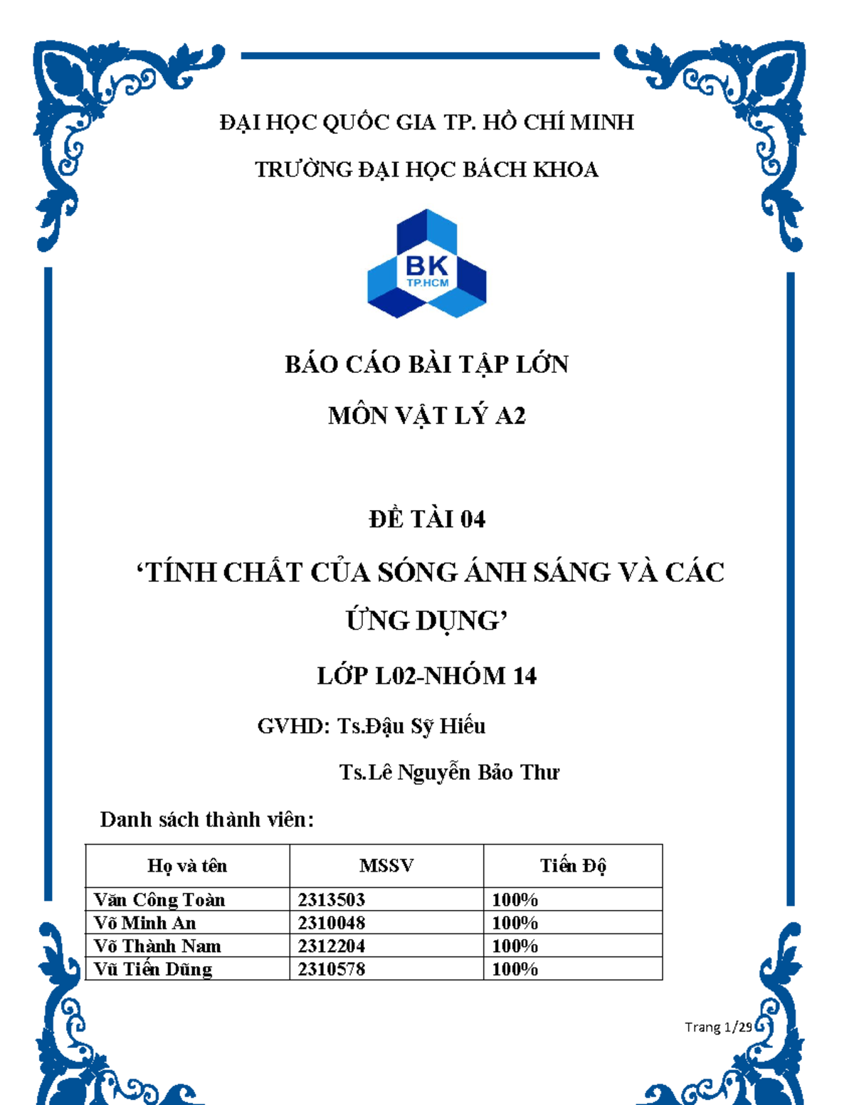 BTL VL2 L02-NHOM14 - Tính Chất và Ứng Dụng Sóng Ánh Sáng - Studocu