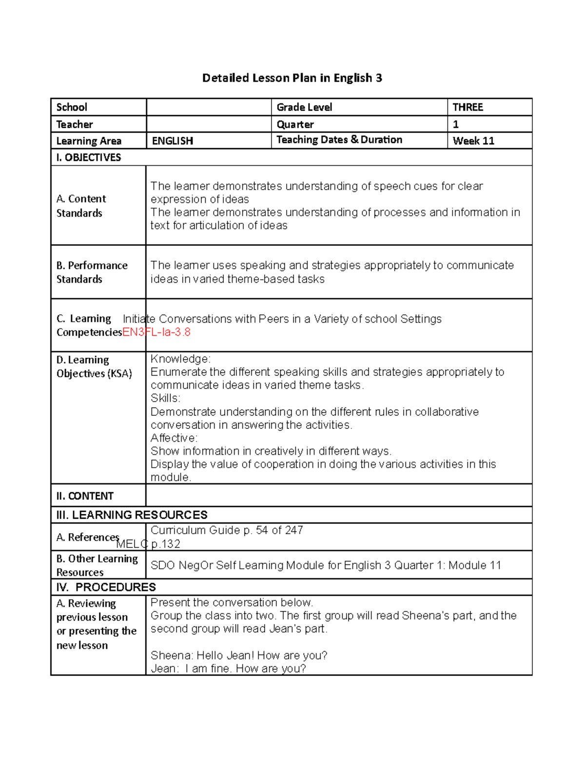 Week 11 - Detailed English Lesson Plan for Grade 3 - Studocu