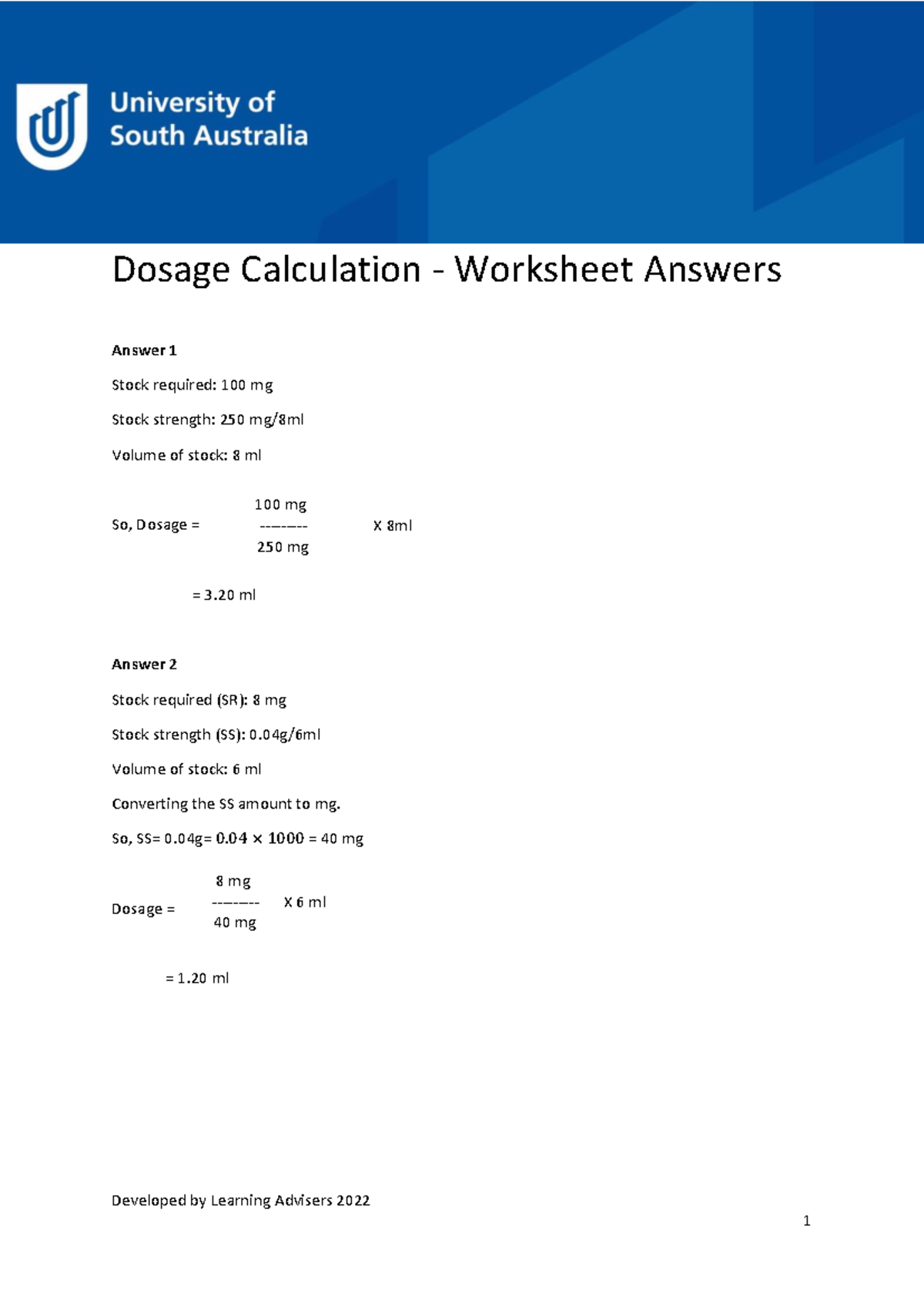 Maths for Midwifery and Nursing Dosage Calculation - Worksheet Answers ...