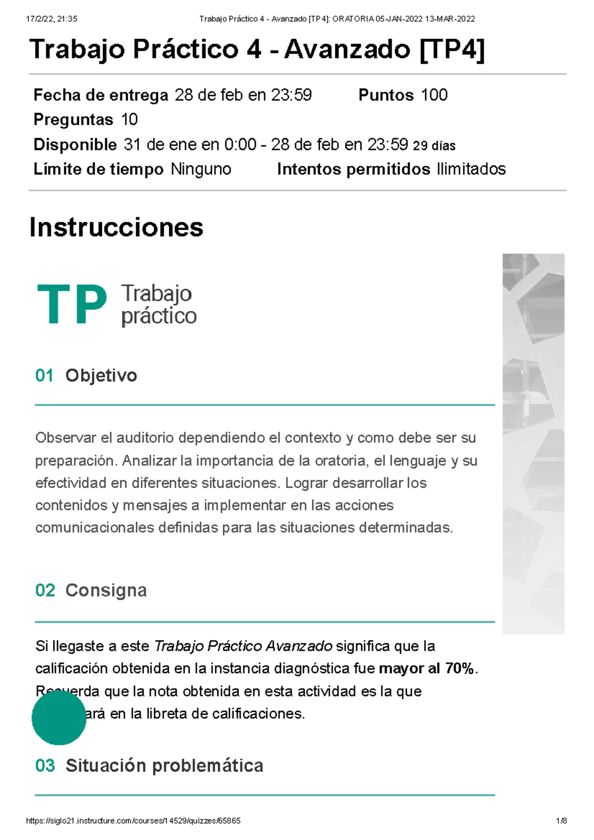 Trabajo Práctico 4 - Avanzado [TP4] 100% - Oratoria - Siglo 21 - Studocu