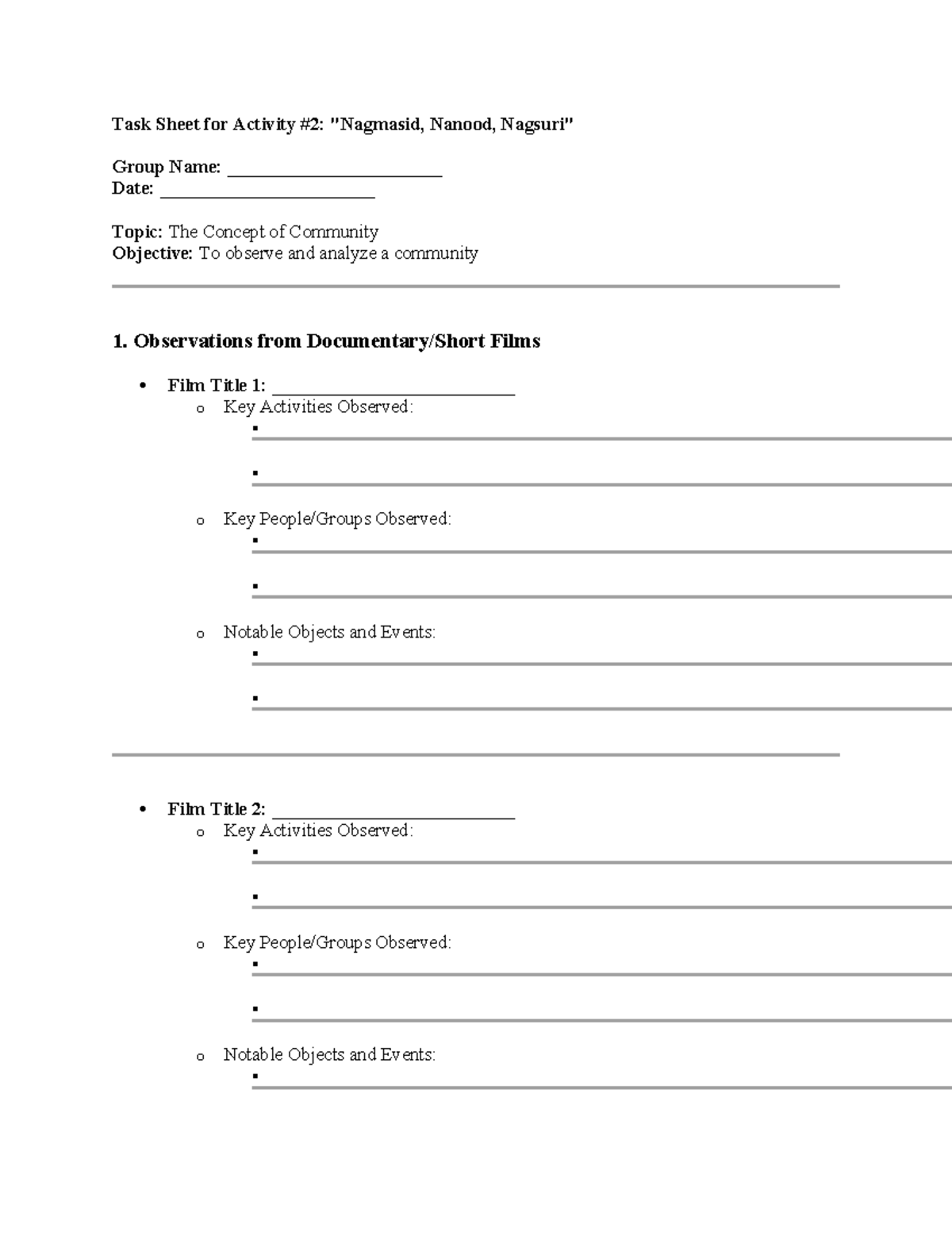 Task Sheet for Activity 1 - Observations from Documentary/Short Films ...